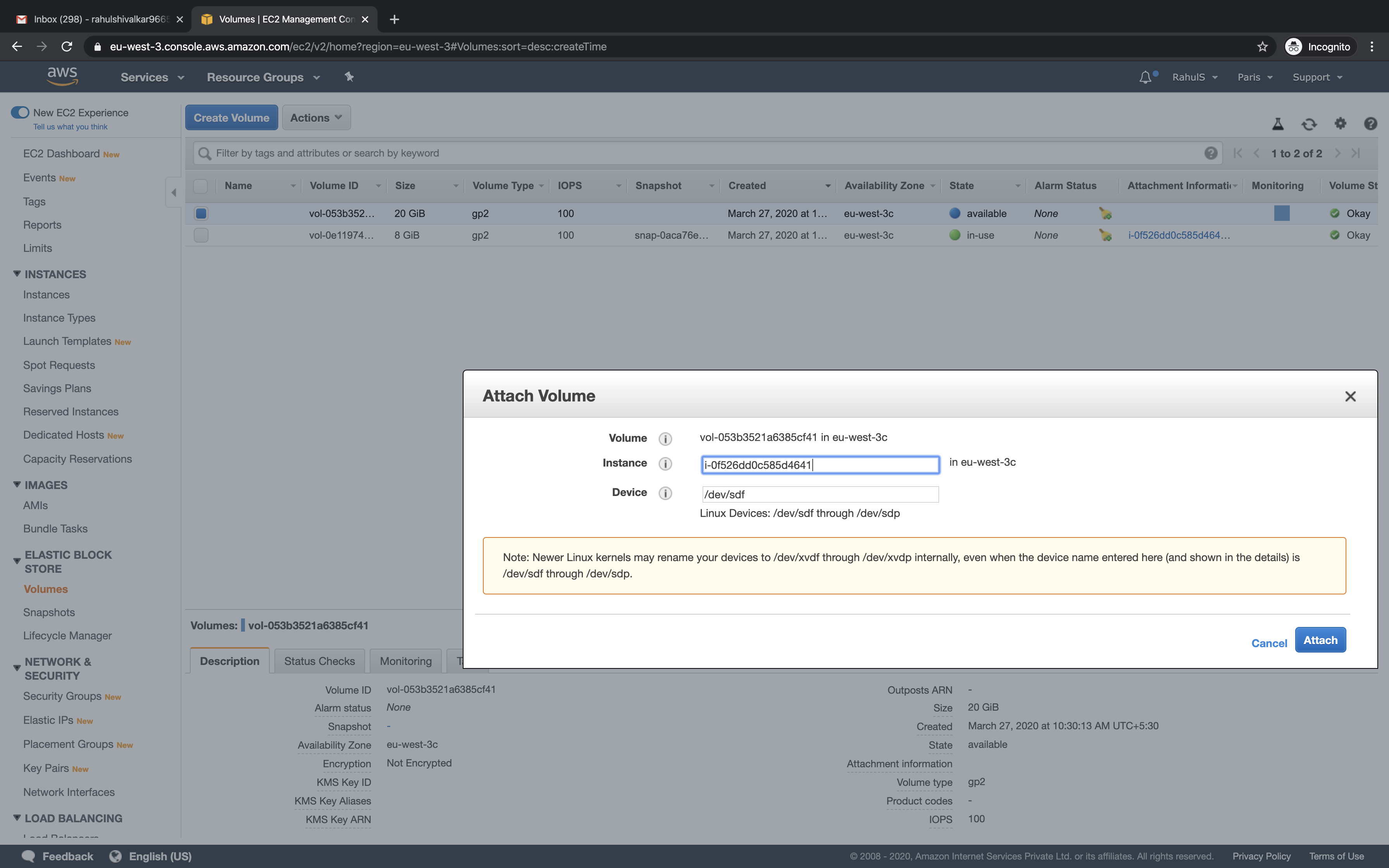 How to create and attach an EBS (Elastic Block Storage) Volume to an EC2 Instance on AWS