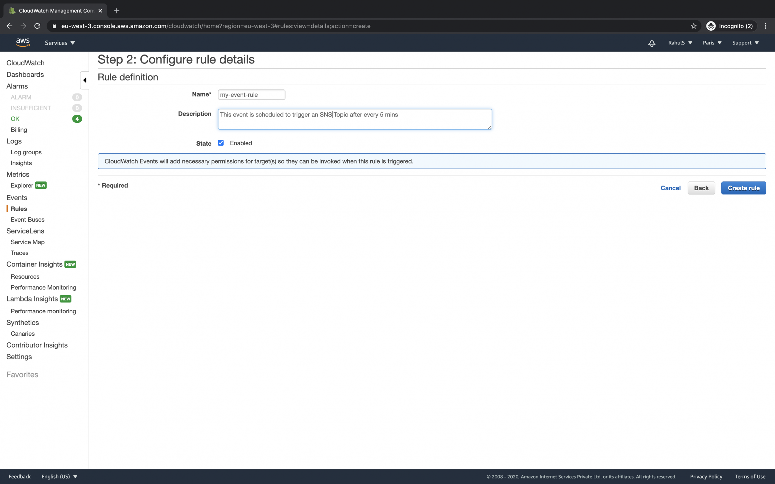 How to create a Cloudwatch Event Rule in AWS
