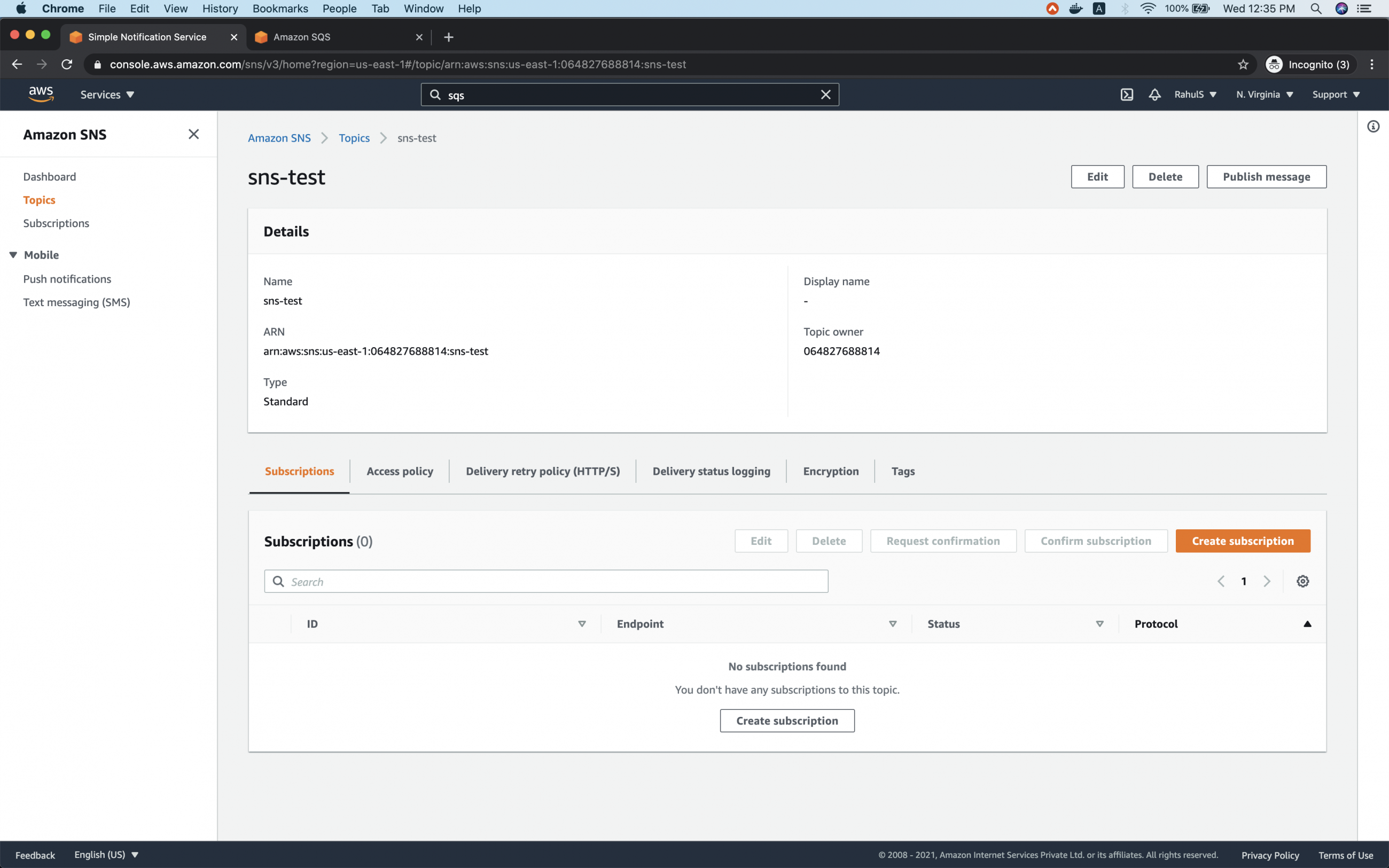 How to create a subscription between an SQS queue and SNS topic on AWS