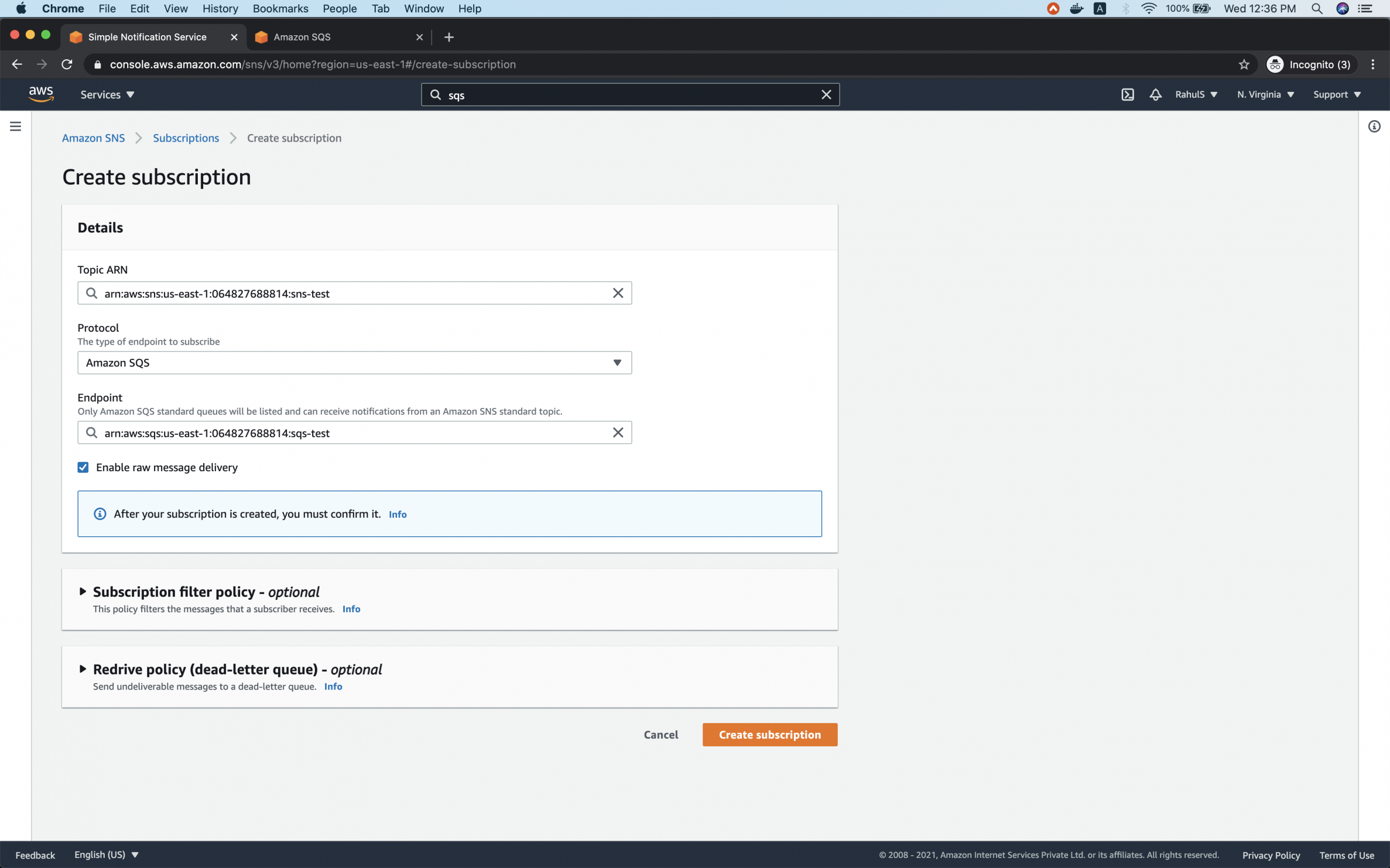 How to create a subscription between an SQS queue and SNS topic on AWS