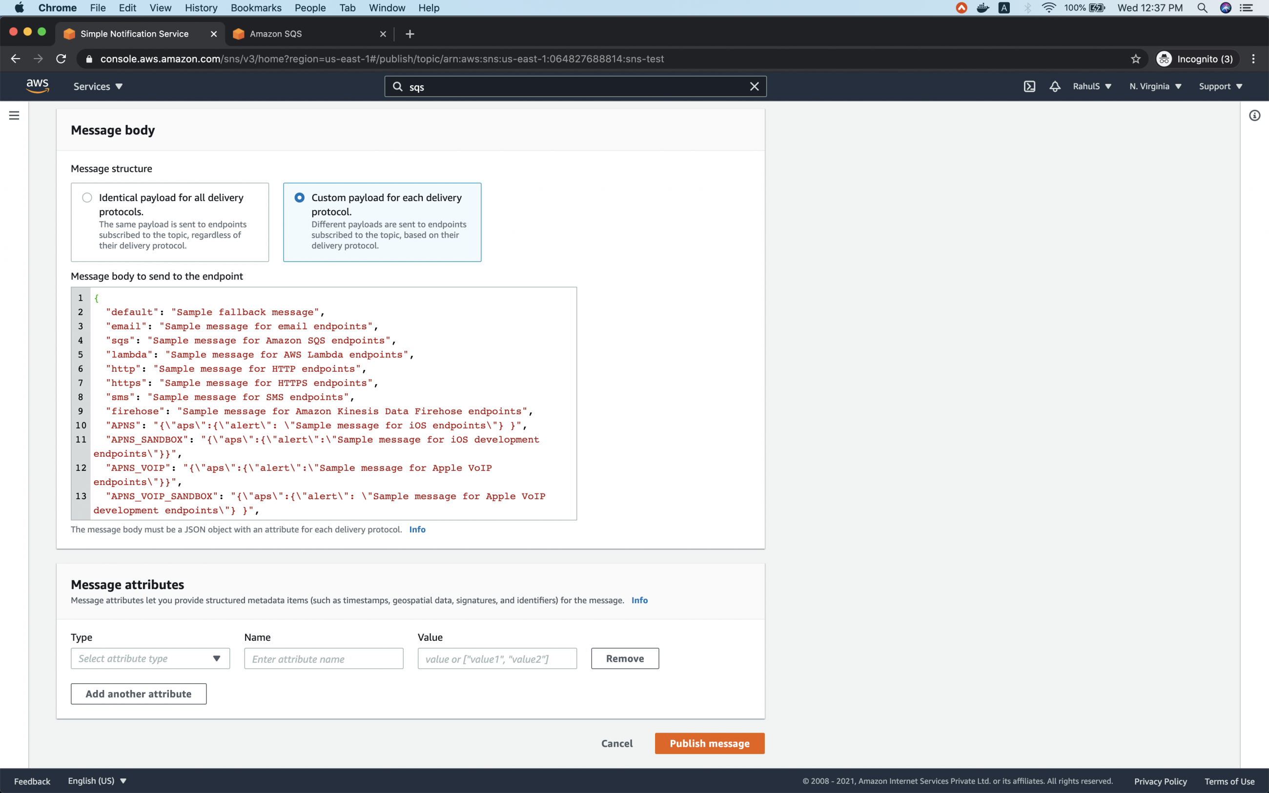 How to create a subscription between an SQS queue and SNS topic on AWS