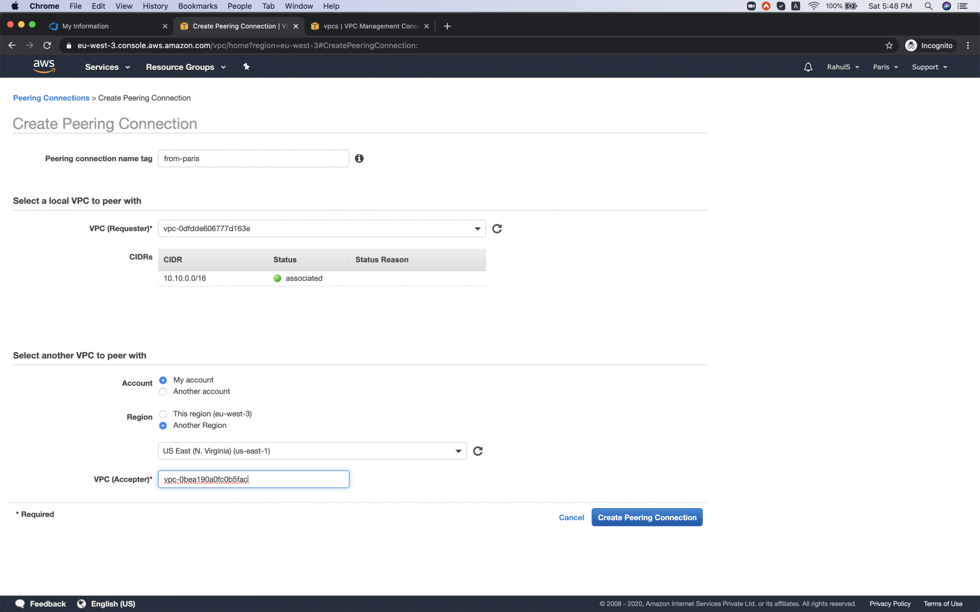 How to create a VPC Peering between 2 VPCs on AWS
