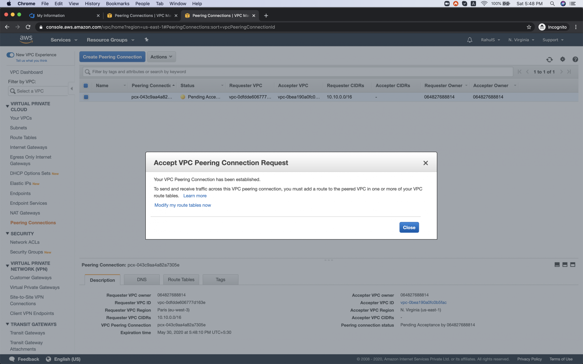 How to create a VPC Peering between 2 VPCs on AWS