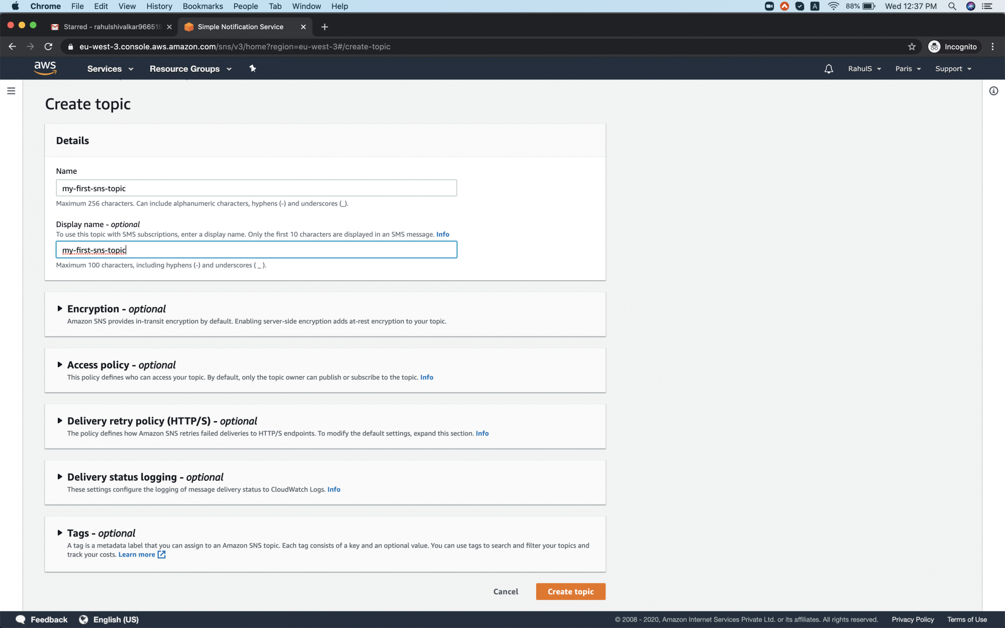 How to create an SNS Topic and a Subscriber on AWS