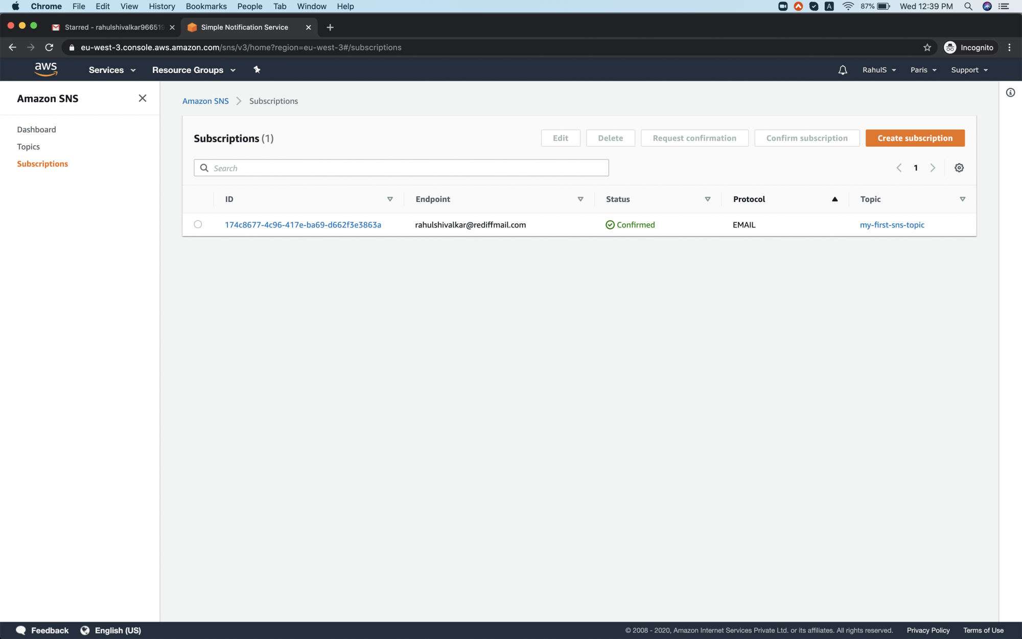 How to create an SNS Topic and a Subscriber on AWS