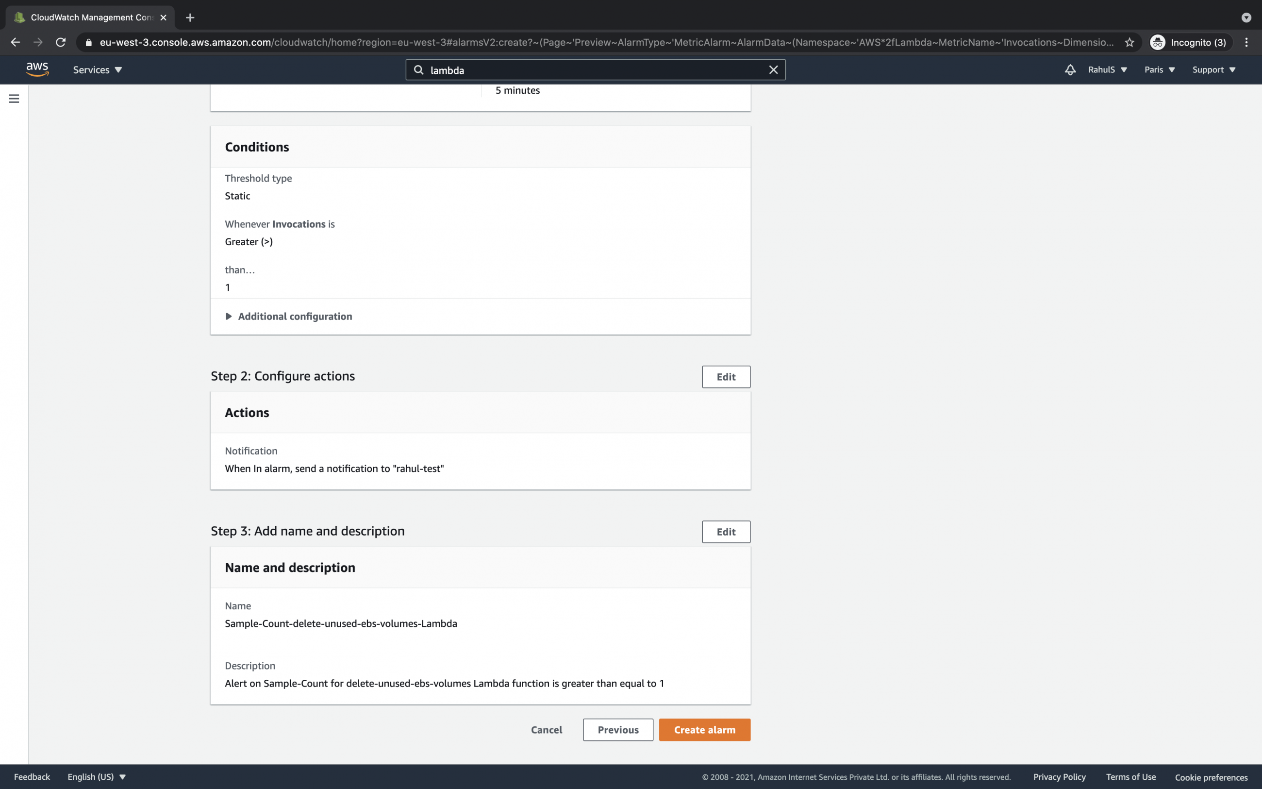 How to create Cloudwatch alarms for a Lambda Function on AWS