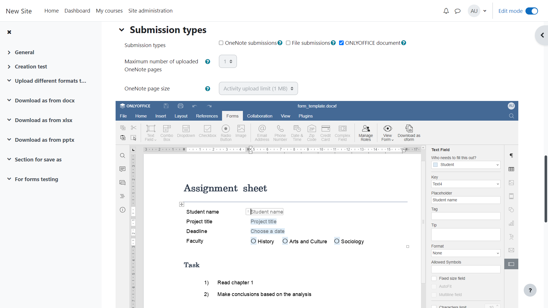 How to create form assignments in Moodle with the integrated ONLYOFFICE Docs