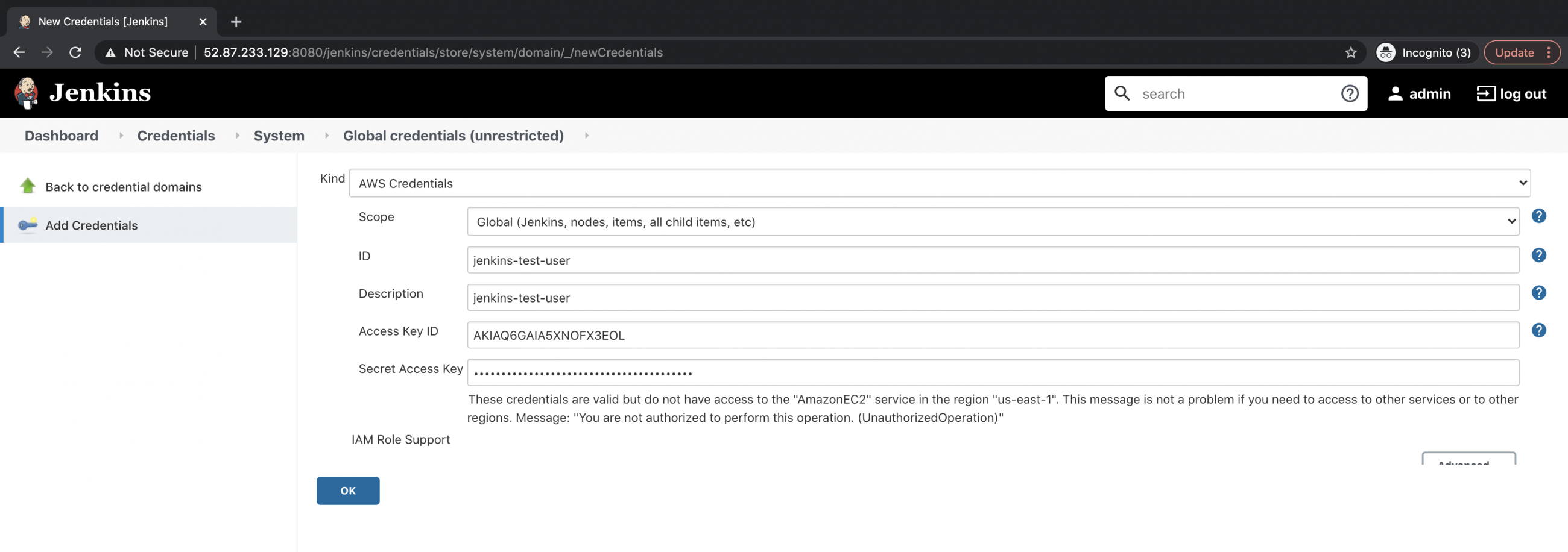 How to store AWS user access key and secret key in Jenkins