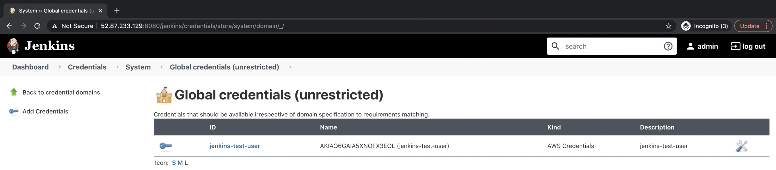 How to store AWS user access key and secret key in Jenkins