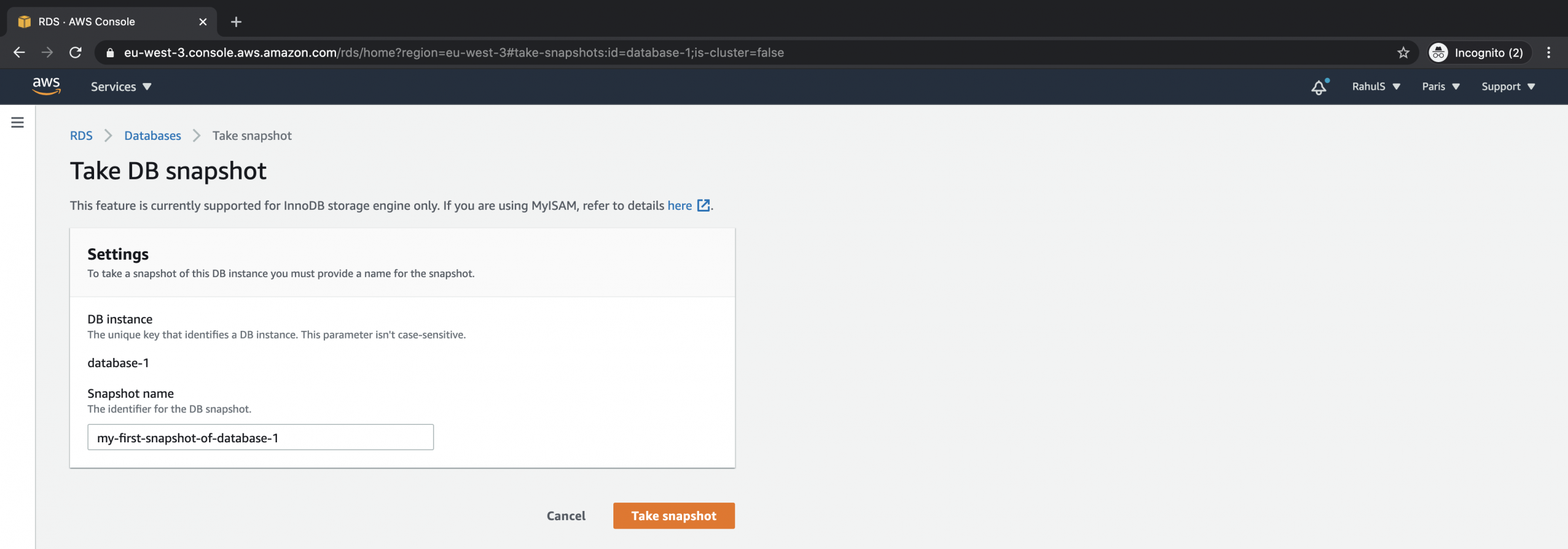 How to take and restore a snapshot on AWS RDS MySQL Instance