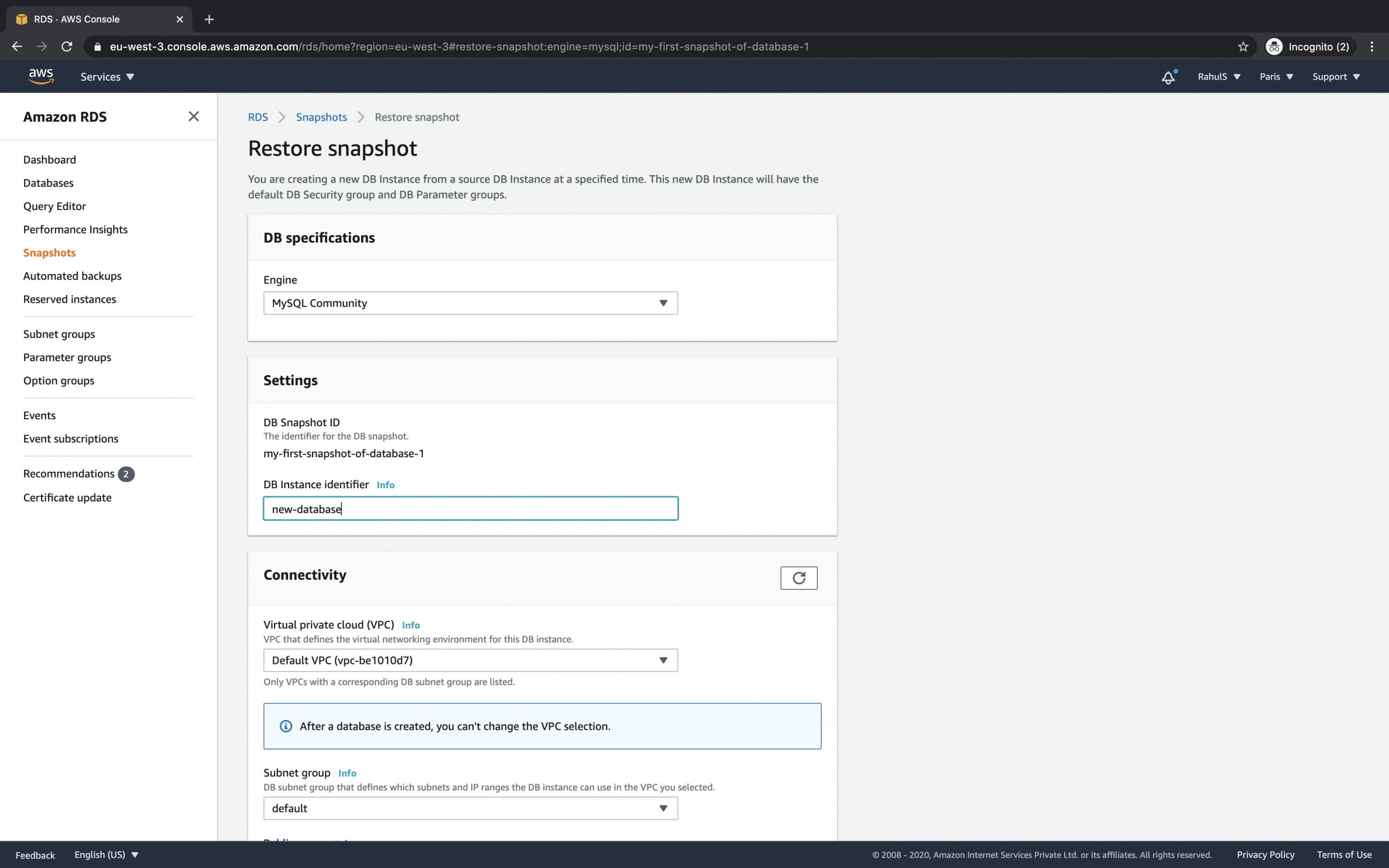 How To Take And Restore A Snapshot On Aws Rds Mysql Instance