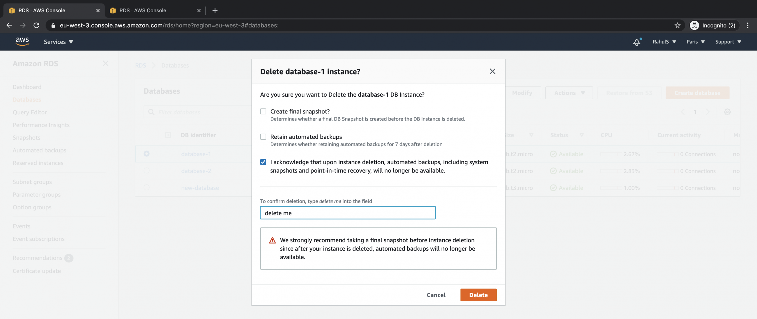 How To Take And Restore A Snapshot On Aws Rds Mysql Instance